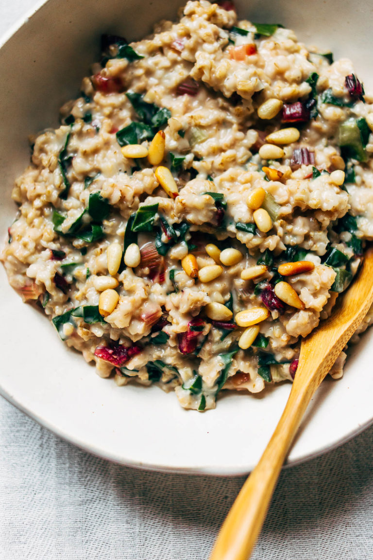 CREAMY STEEL CUT OATS WITH RAINBOW CHARD + PINE NUTS - Wholehearted Eats