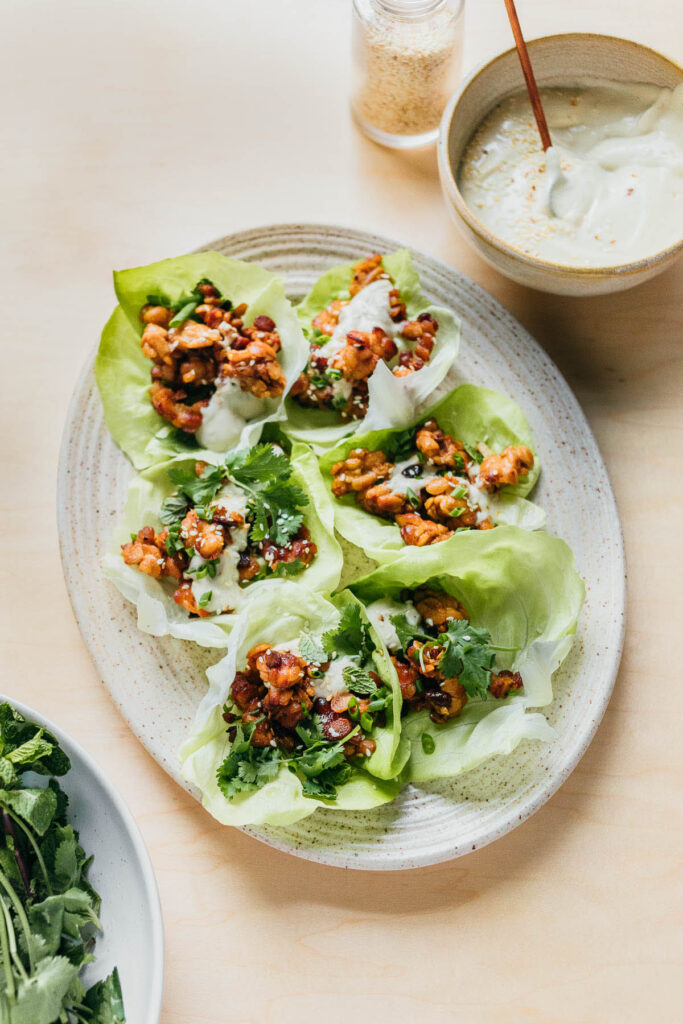Crisp Tempeh Lettuce Cups with Tahini Cream - Wholehearted Eats